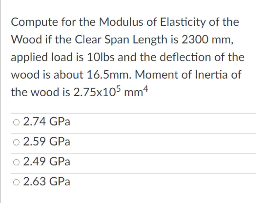 Solved Compute for the Modulus of Elasticity of the Wood if | Chegg.com