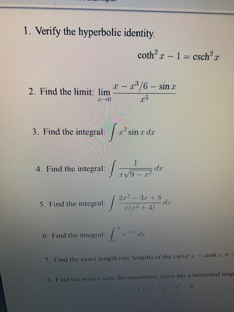 Solved 1. Verify the hyperbolic identity. cothể x-1=cschr 2. | Chegg.com