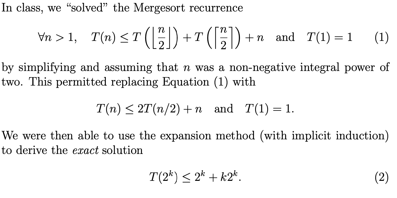 In class, we "solved" the Mergesort recurrence Vn > | Chegg.com