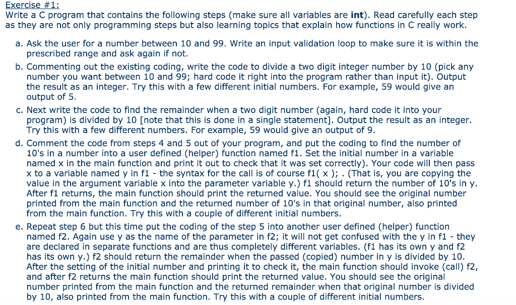 Solved Exercise #1: Write a C program that contains the | Chegg.com