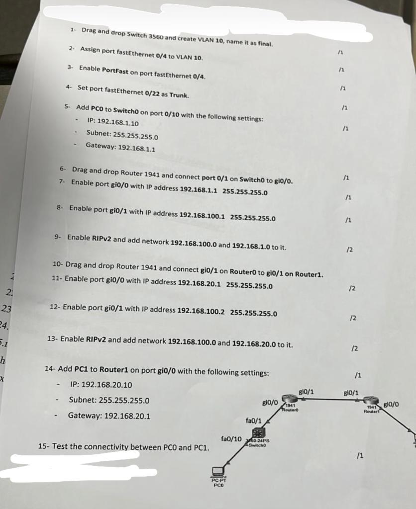 Solved 2: 23 24. 5.1 h X 1 Drag and drop Switch 3560 and | Chegg.com