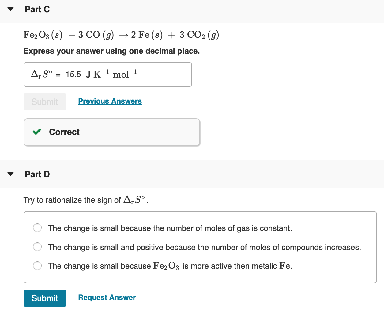 Solved Part B Calculate the standard entropy change for the | Chegg.com