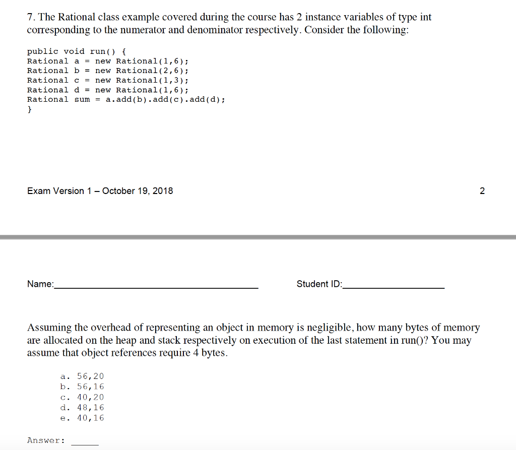 7. The Rational class example covered during the | Chegg.com