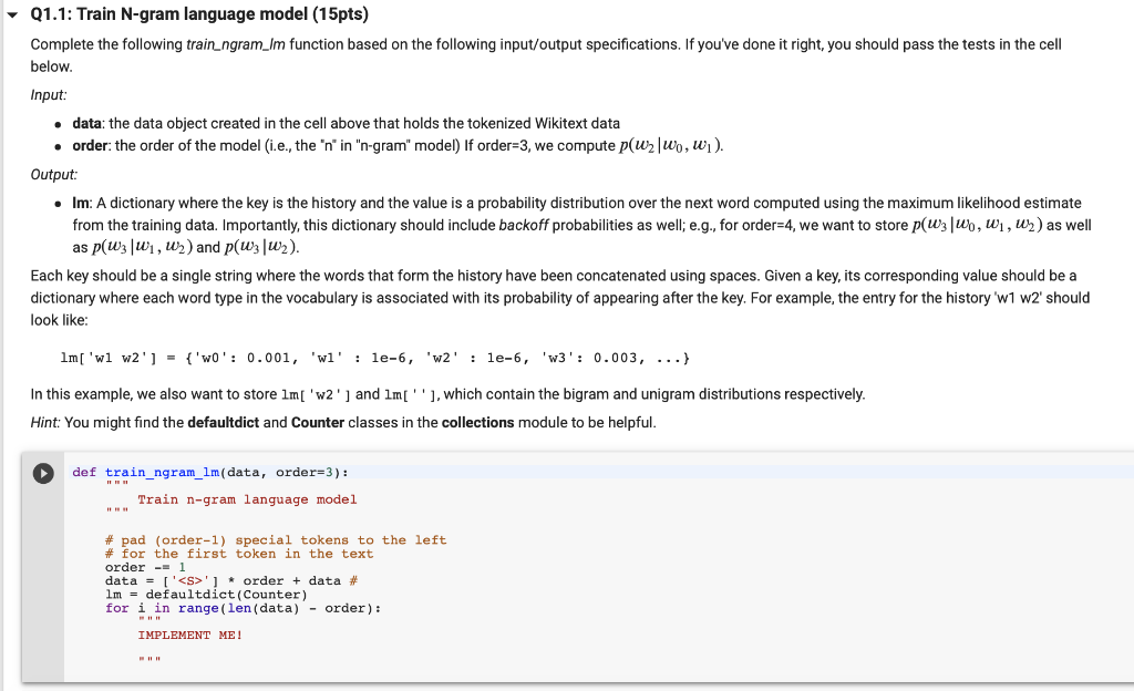 Q1.1: Train N-gram language model (15pts) Complete | Chegg.com