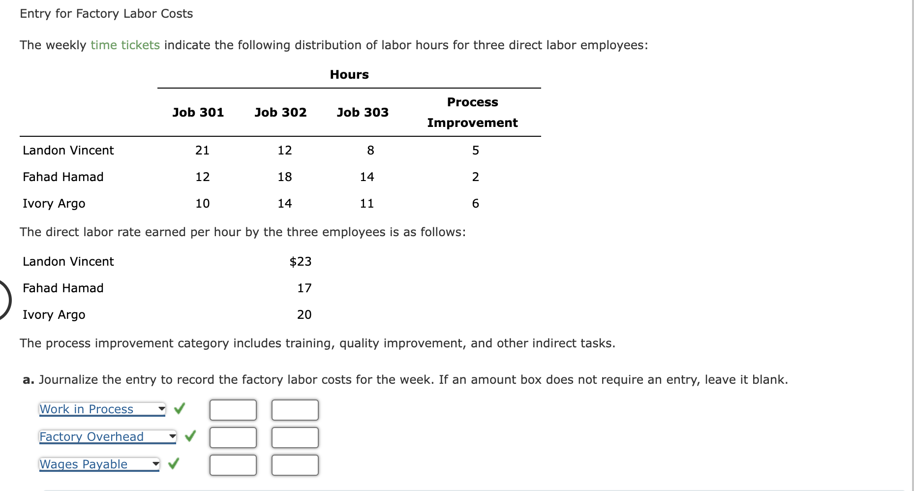 [Solved]: Entry for Factory Labor Costs The weekly time tic