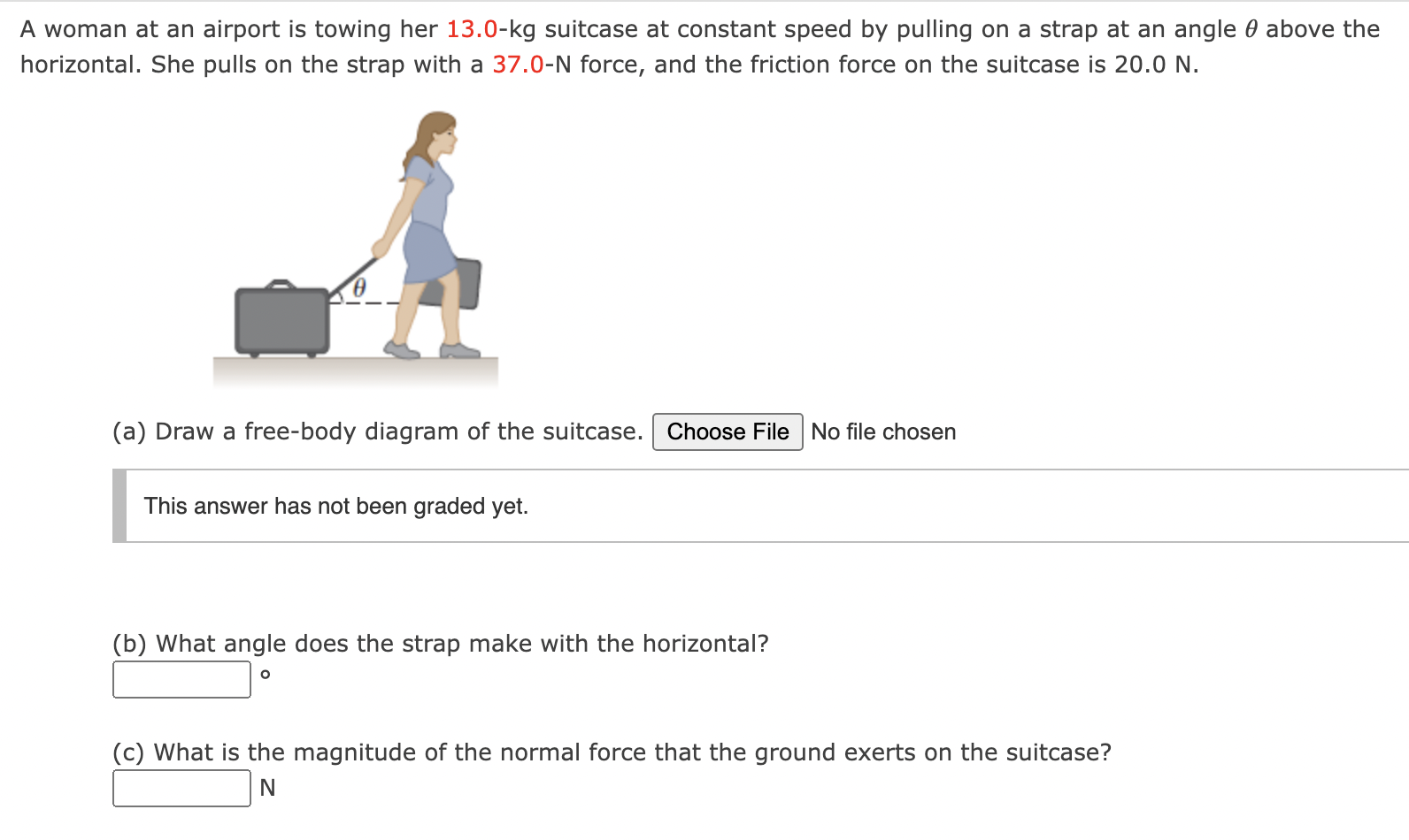 Solved A woman at an airport is towing her 13.0-kg ﻿suitcase | Chegg.com