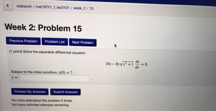 Solved webwork/mat187h1f_lec0101 / week 2/15 Week 2: Problem | Chegg.com