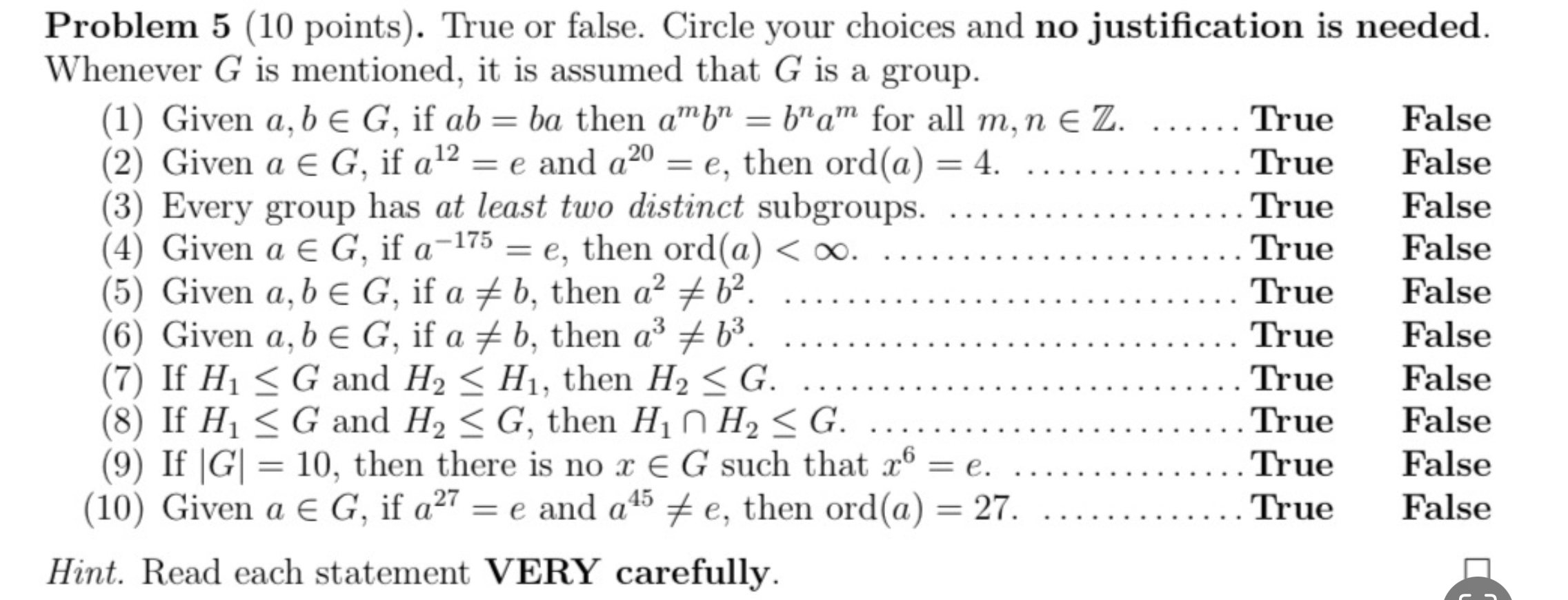 Solved Problem 5 (10 points). True or false. Circle your | Chegg.com