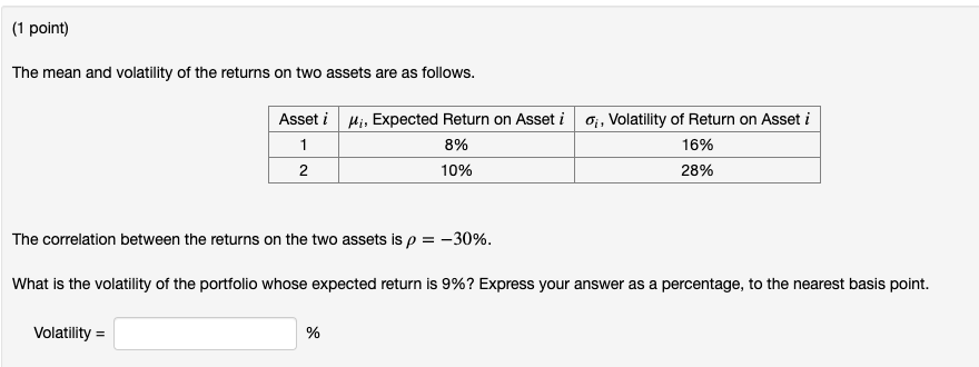 Solved (1 point) The mean and volatility of the returns on | Chegg.com