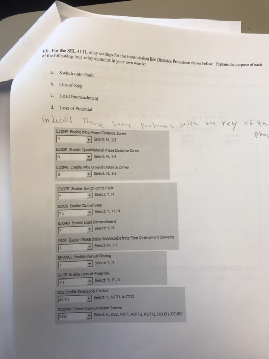Solved 10). For the SEL 411L relay settings for the | Chegg.com