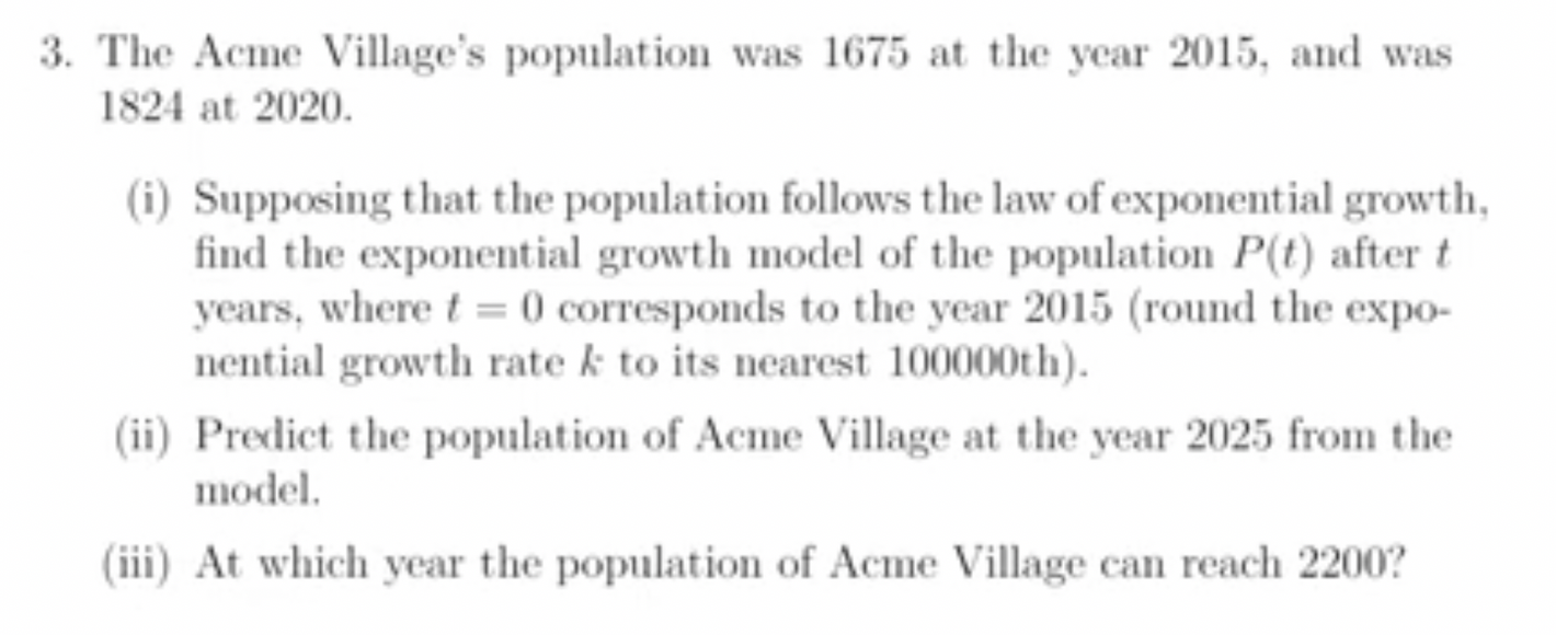 Solved 3. The Acme Village's population was 1675 at the year | Chegg.com