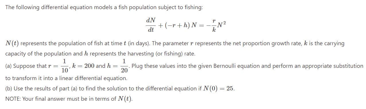 Solved The following differential equation models a fish | Chegg.com