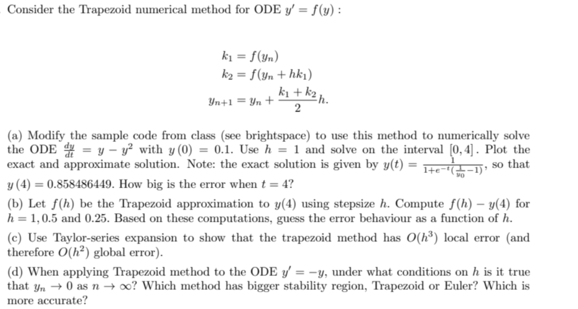 Solved Consider the Trapezoid numerical method for ODE | Chegg.com