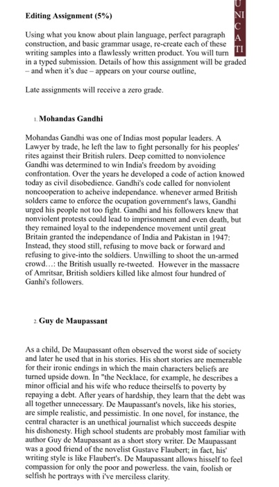 Editing Assignment (5%) NI Using what you know about | Chegg.com