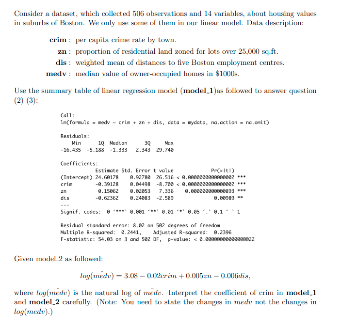 Solved Consider a dataset, which collected 506 observations | Chegg.com
