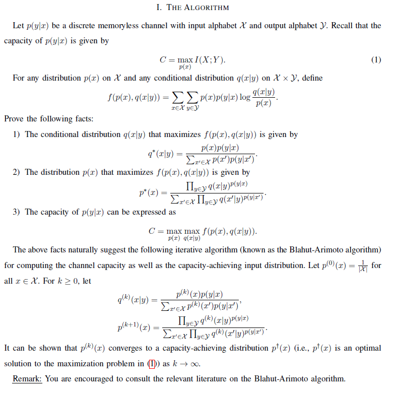 THE BLAHUT-ARIMOTO ALGORITHM I. THE ALGORITHM Let | Chegg.com
