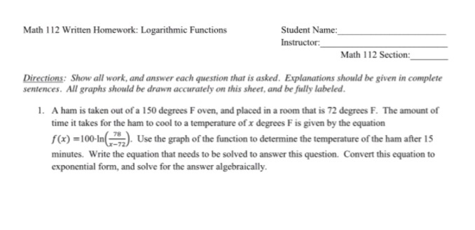 Solved Math 112 Written Homework Logarithmic Functions