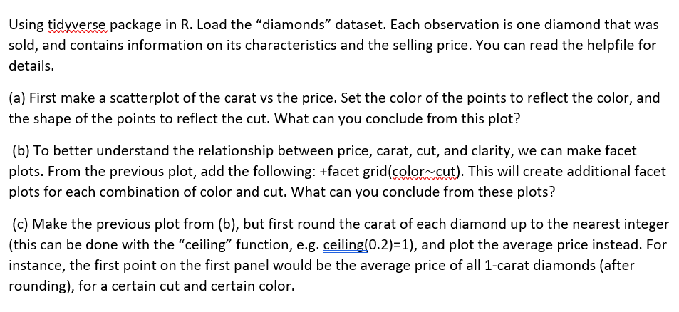 Using tidyverse package in R. Load the "diamonds" | Chegg.com
