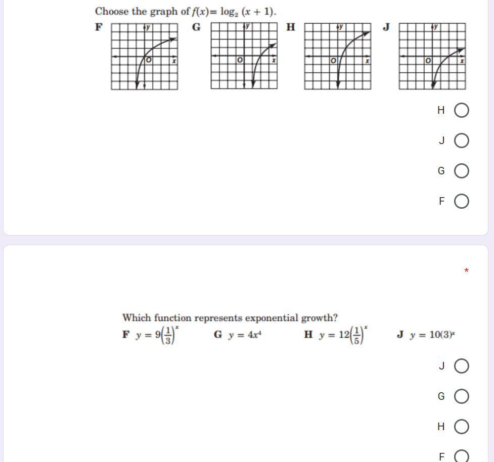 Solved Choose the graph of f(x)= log2 (x + 1). F G H Н. G F | Chegg.com