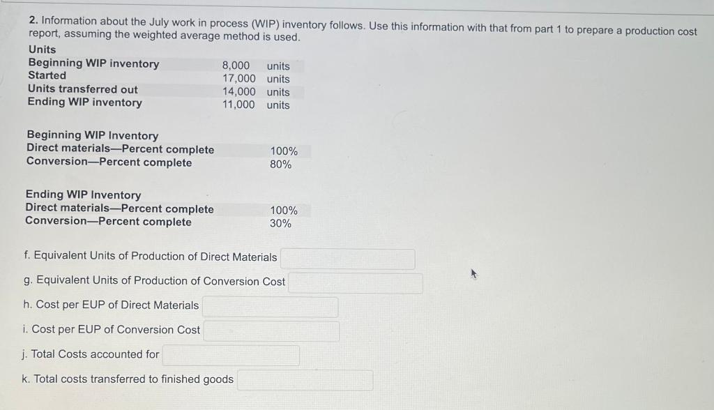 2. Information about the July work in process (WIP) | Chegg.com
