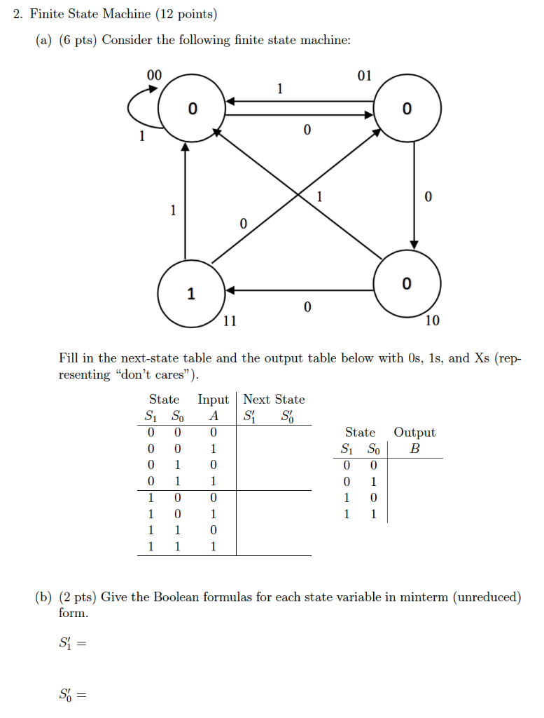 Solved 2. Finite State Machine (12 points) (a) (6 pts) | Chegg.com