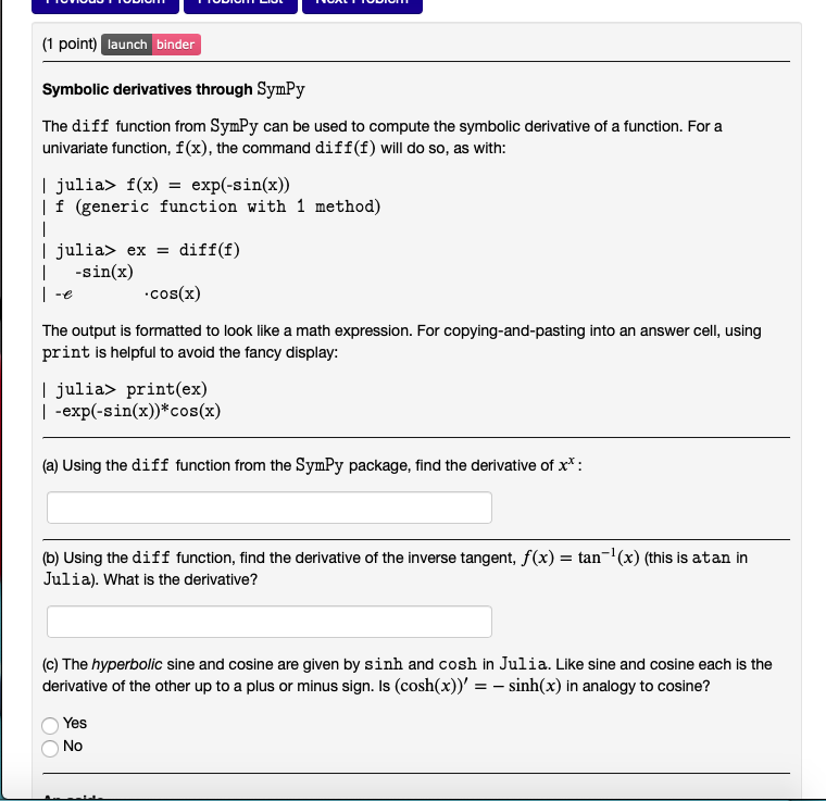Solved (1 point) launch binder = Symbolic derivatives | Chegg.com