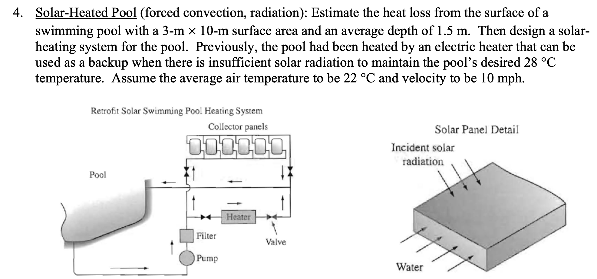 Solved 4. Solar-Heated Pool (forced convection, radiation): | Chegg.com
