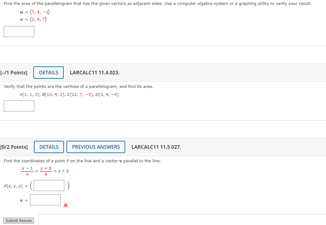 Solved Find the area of the parallelogram that has the given | Chegg.com