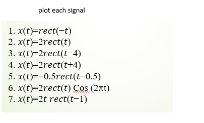 Solved plot each signal 1. x(t)=rect(−t) 2. x(t)=2rect(t) 3. | Chegg.com