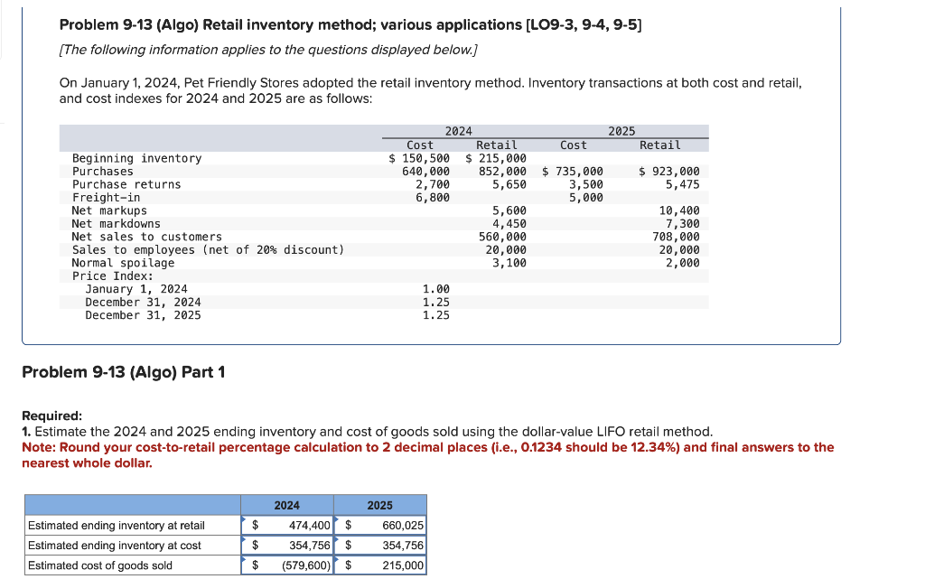 Solved Problem 9-13 (Algo) ﻿Retail inventory method; various | Chegg.com