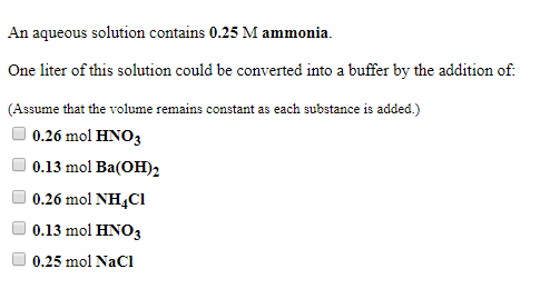 Solved An aqueous solution contains 0.25 M ammonia. One | Chegg.com