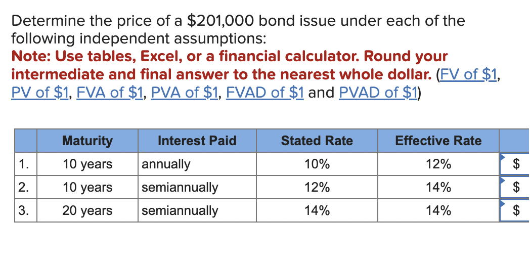 Solved Determine the price of a $201,000 bond issue under | Chegg.com