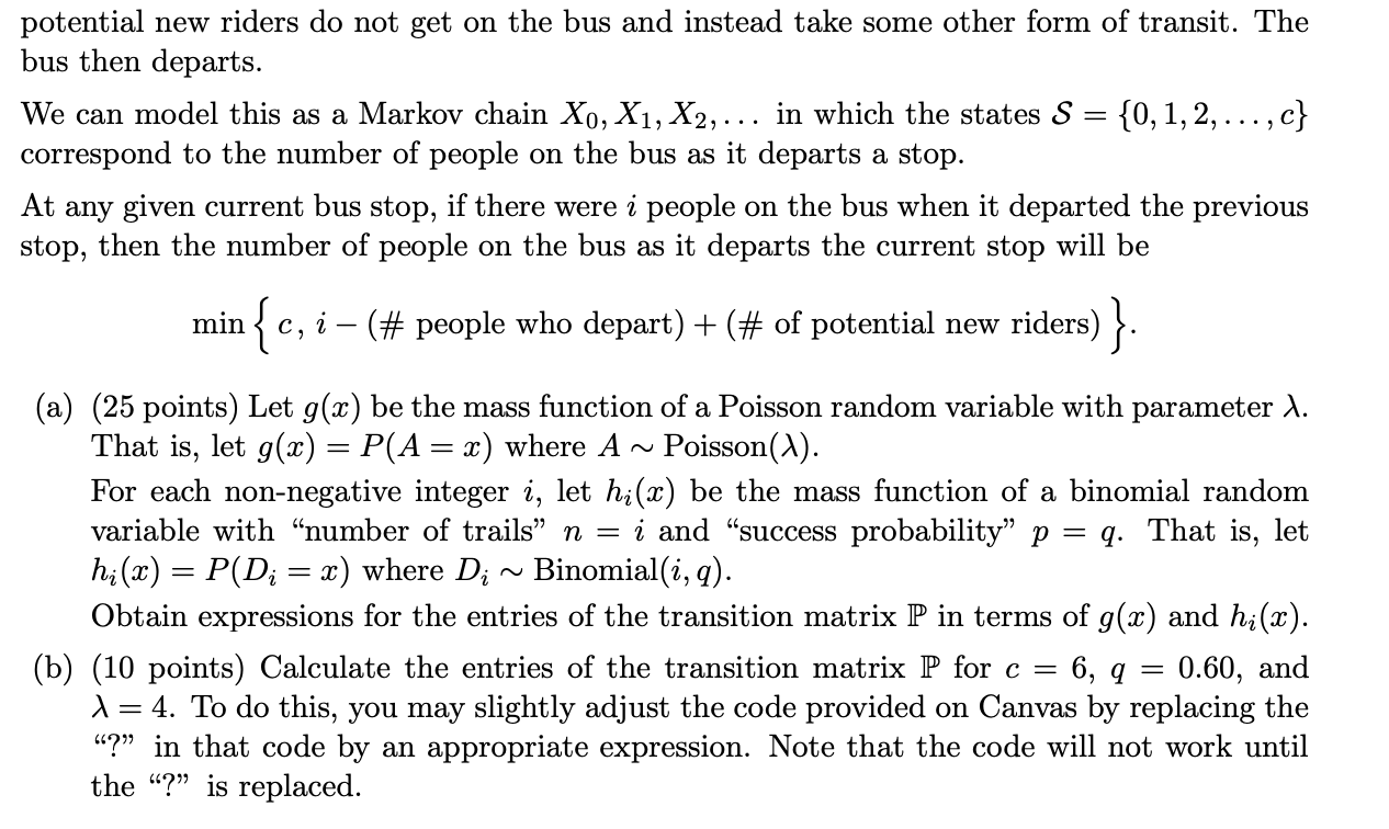 Solved 5. Consider a bus that can carry up to c people at a | Chegg.com