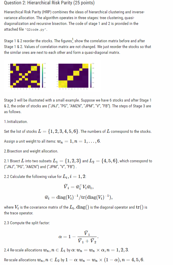 Solved Question 2: Hierarchical Risk Parity (25 points) | Chegg.com