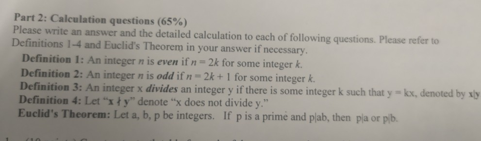 Solved Part 2: Calculation questions (65%) | Please write an | Chegg.com
