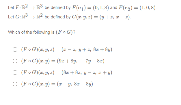Solved Let F:R2 + R3 be defined by Fez) = (0,1, 8) and F(e2) | Chegg.com