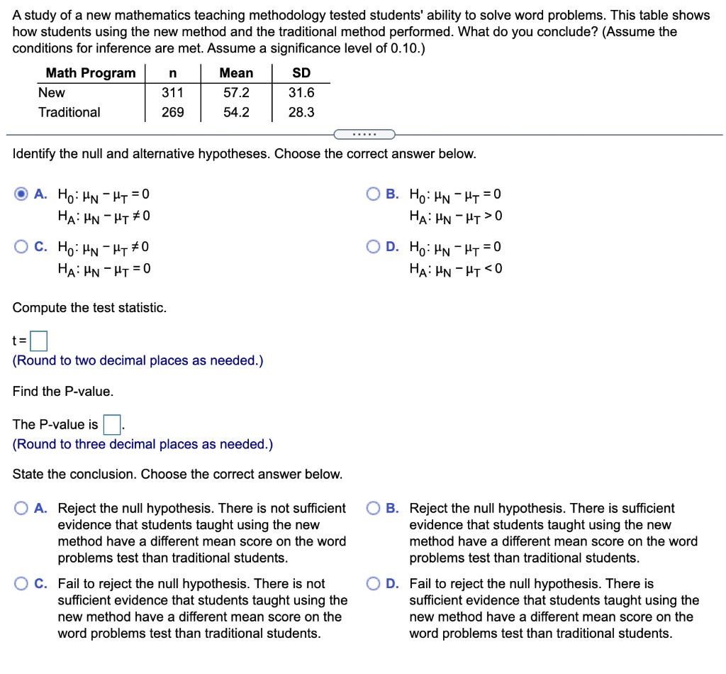 Solved A study of a new mathematics teaching methodology | Chegg.com