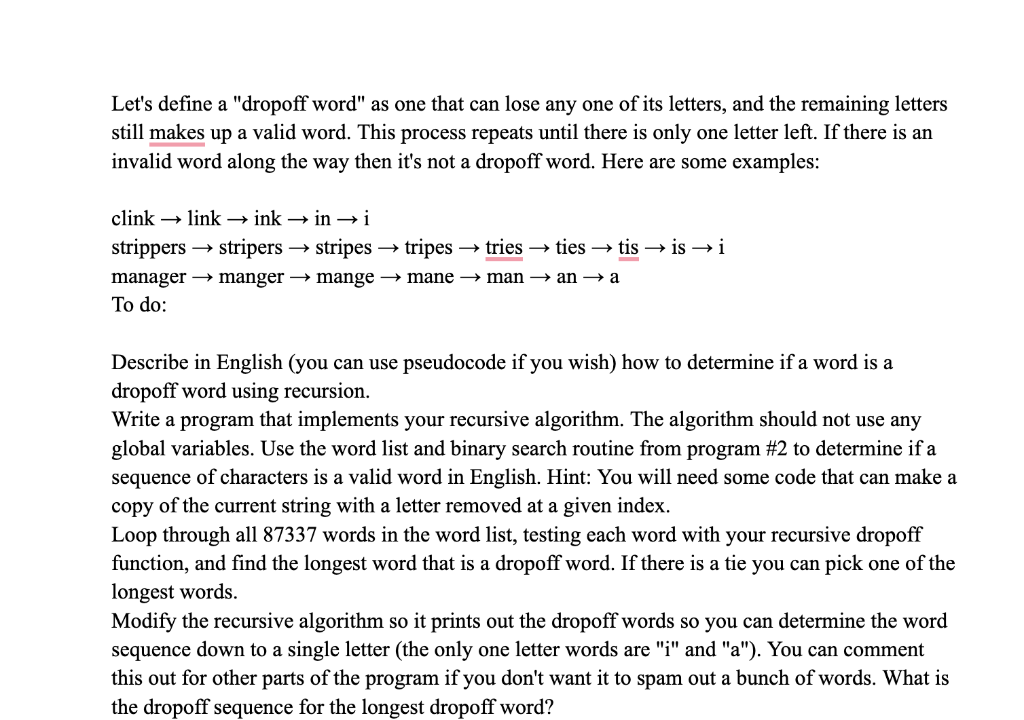 Let's define a "dropoff word" as one that can lose | Chegg.com