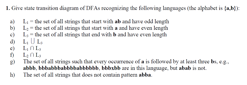 Solved 1. Give state transition diagram of DFAs recognizing | Chegg.com