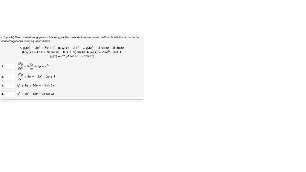 Solved 16 points) Match the following guess solutions yp for | Chegg.com