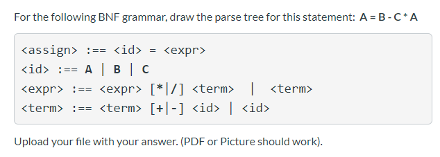 Solved For the following BNF grammar, draw the parse tree | Chegg.com