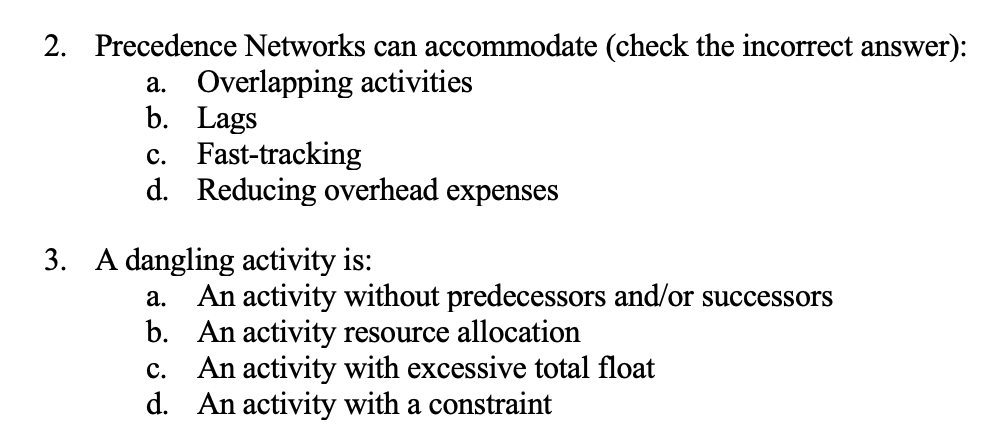 Solved 2. Precedence Networks can accommodate (check the | Chegg.com