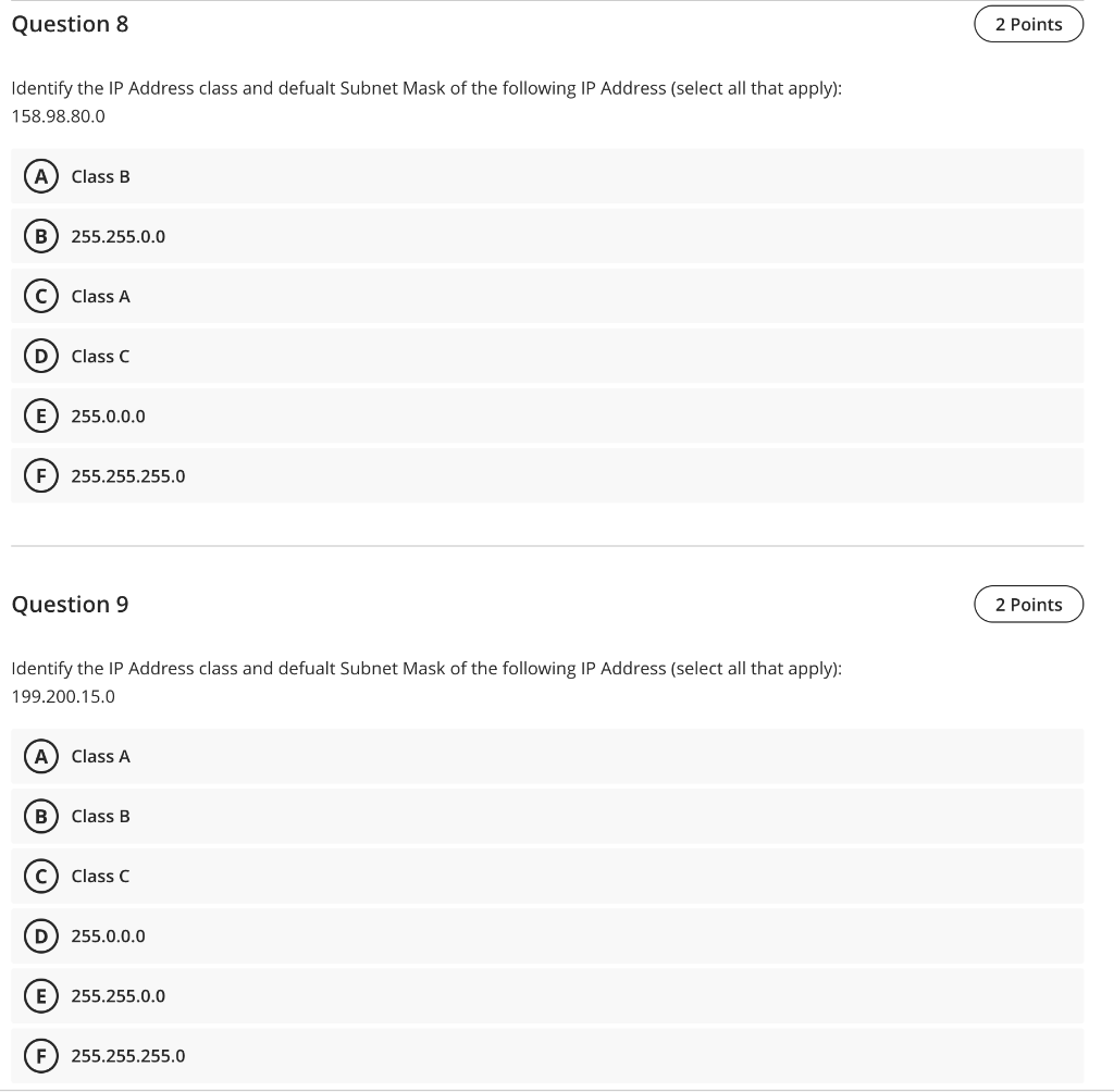 Solved Identify the IP Address class and defualt Subnet Mask | Chegg.com
