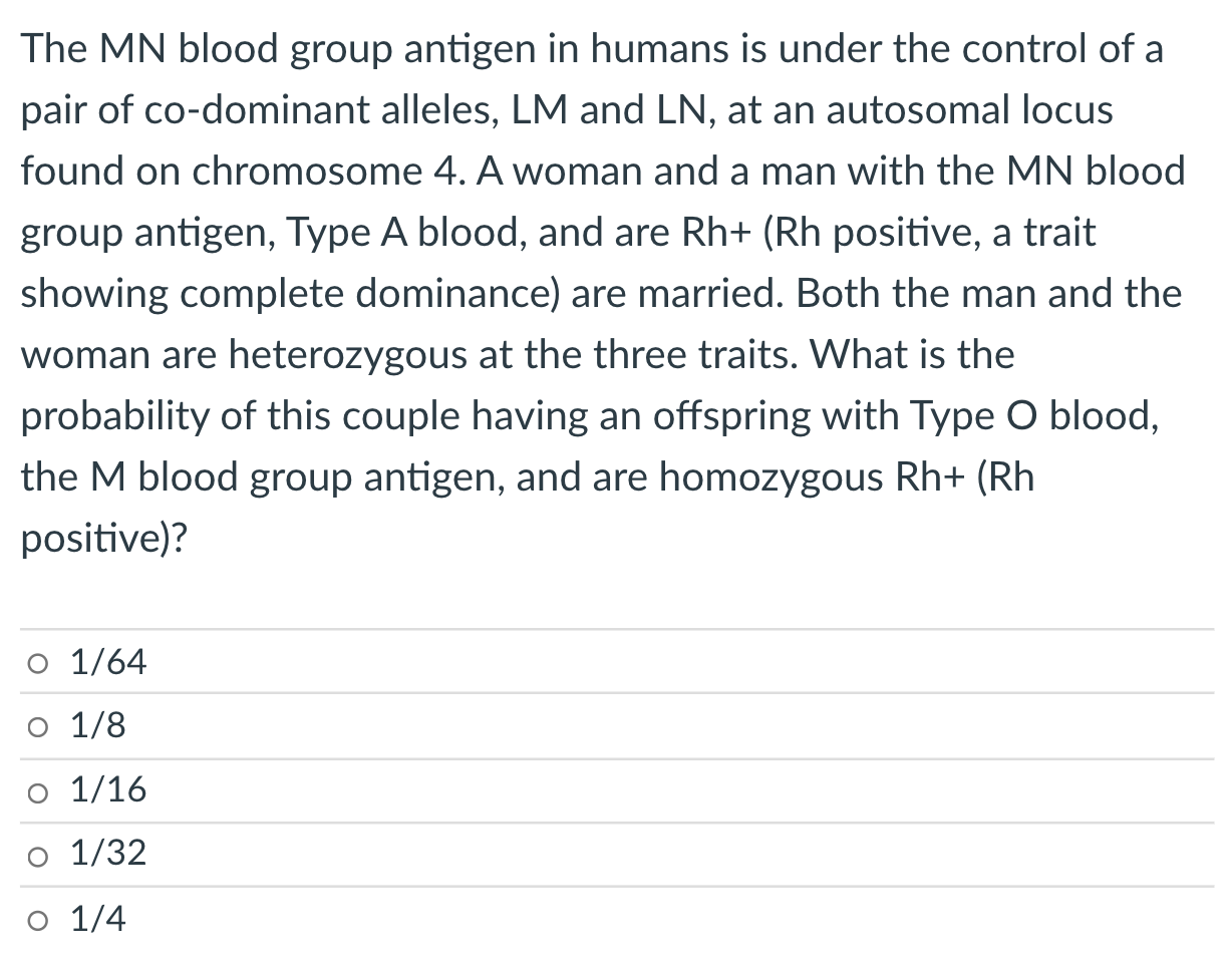 Solved The MN blood group antigen in humans is under the | Chegg.com