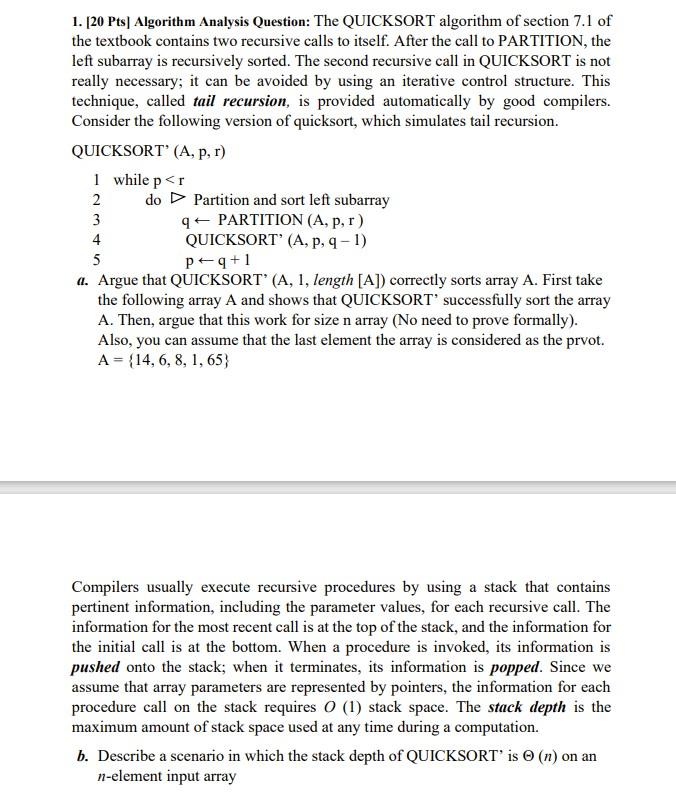 Solved 1. [20 Pts] Algorithm Analysis Question: The | Chegg.com