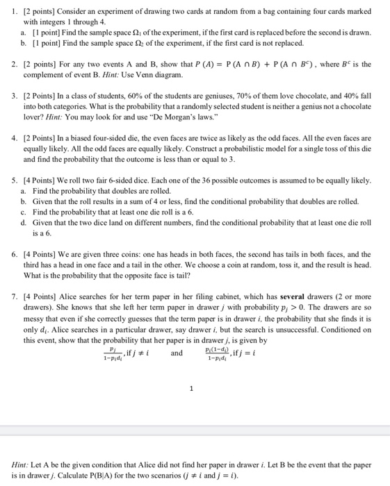 Solved 1. [2 points] Consider an experiment of drawing two | Chegg.com