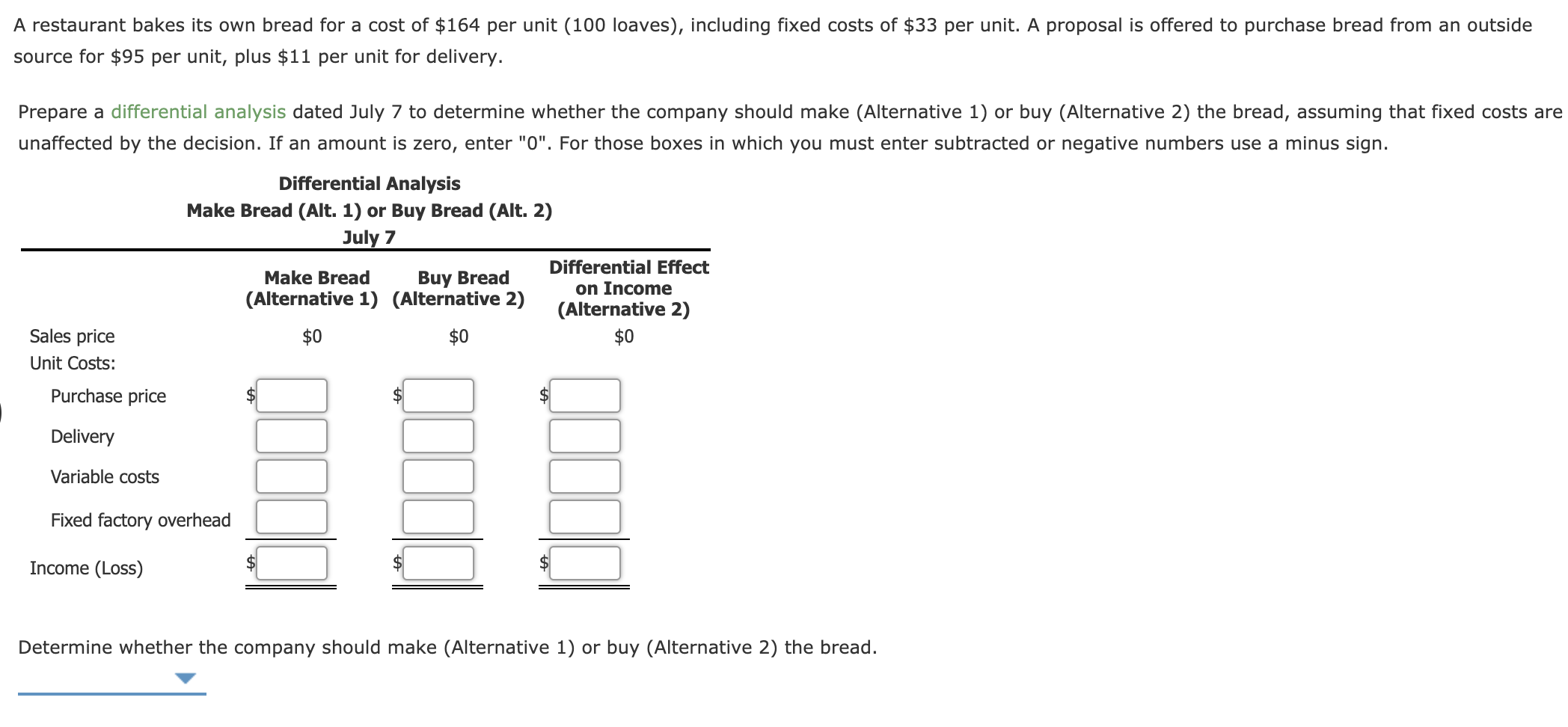 Solved A restaurant bakes its own bread for a cost of $164 | Chegg.com