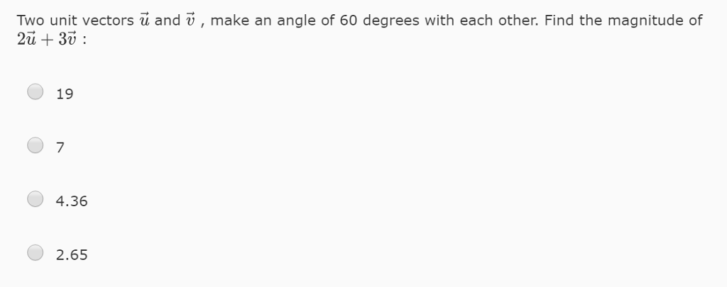 Solved Two unit vectors u and v, make an angle of 60 degrees | Chegg.com