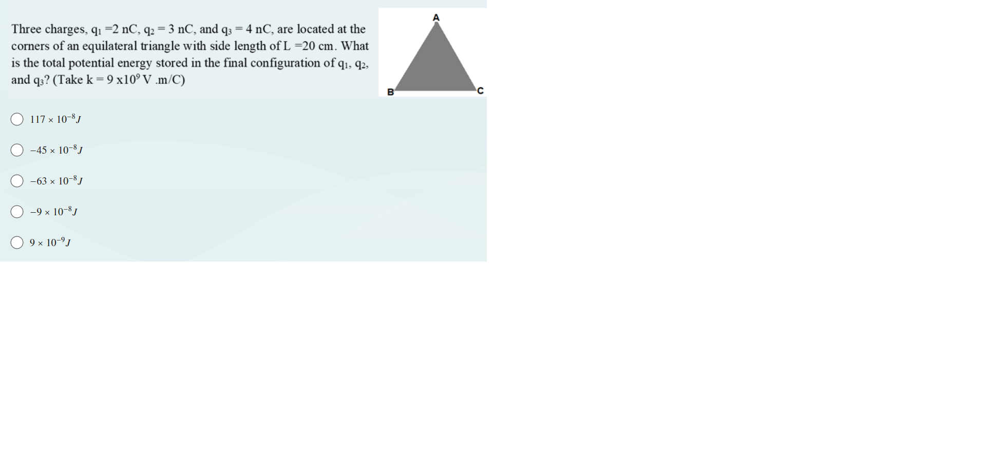 Solved Three charges, q1=2nC,q2=3nC, and q3=4nC, are located | Chegg.com
