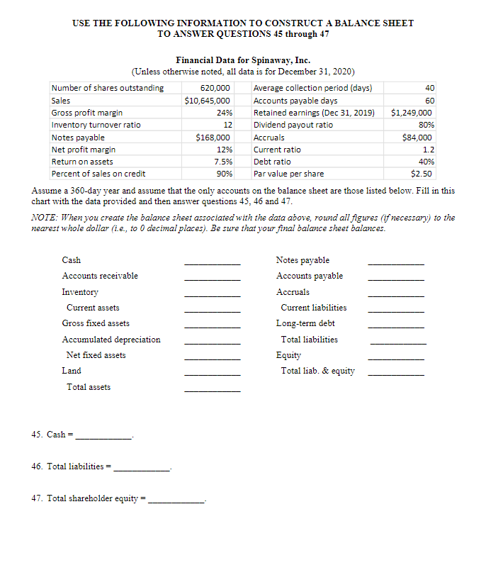 Solved USE THE FOLLOWING INFORMATION TO CONSTRUCT A BALANCE | Chegg.com